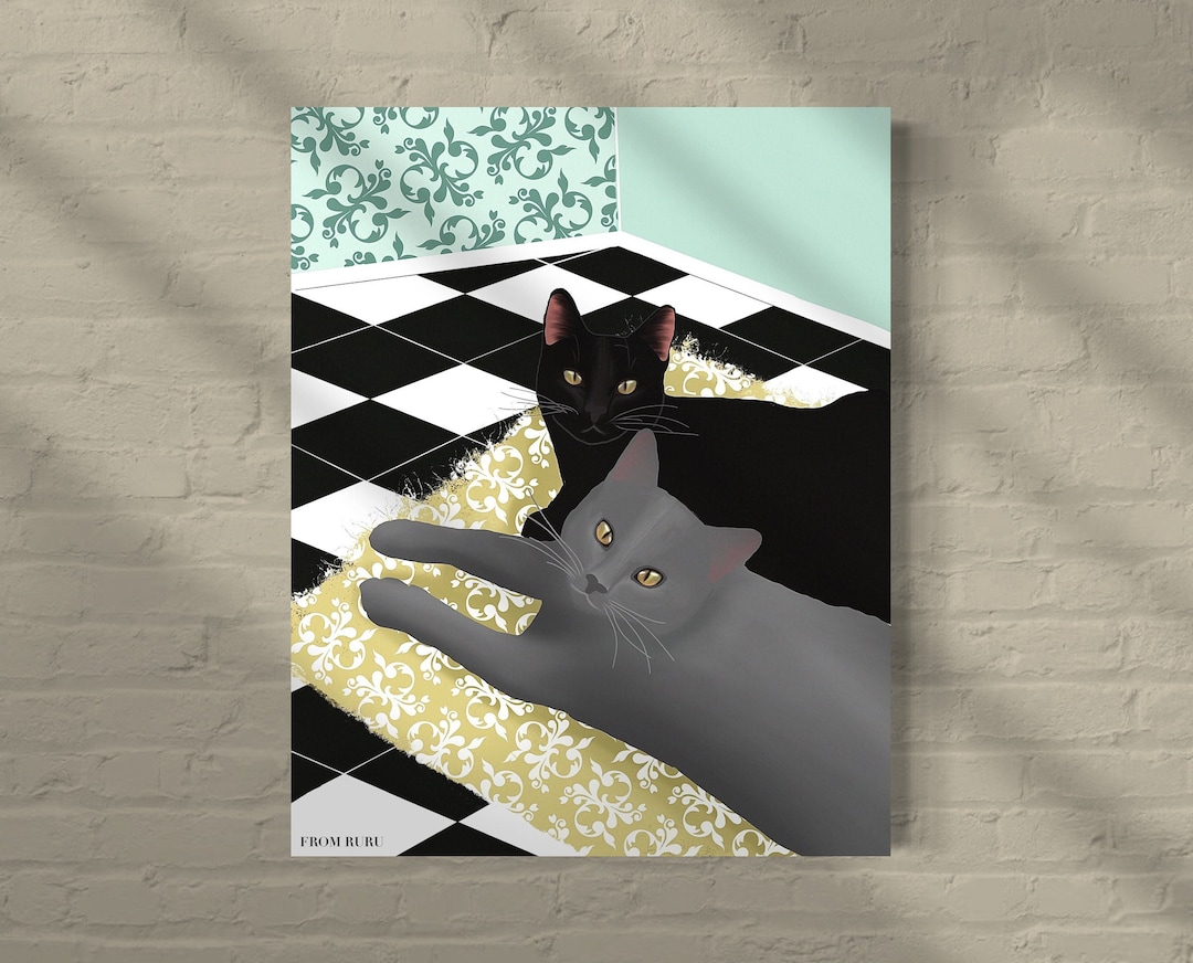 Black and Gray Cat Art, Gray Cat Art Print, Black Cat Art Print, Cat ...