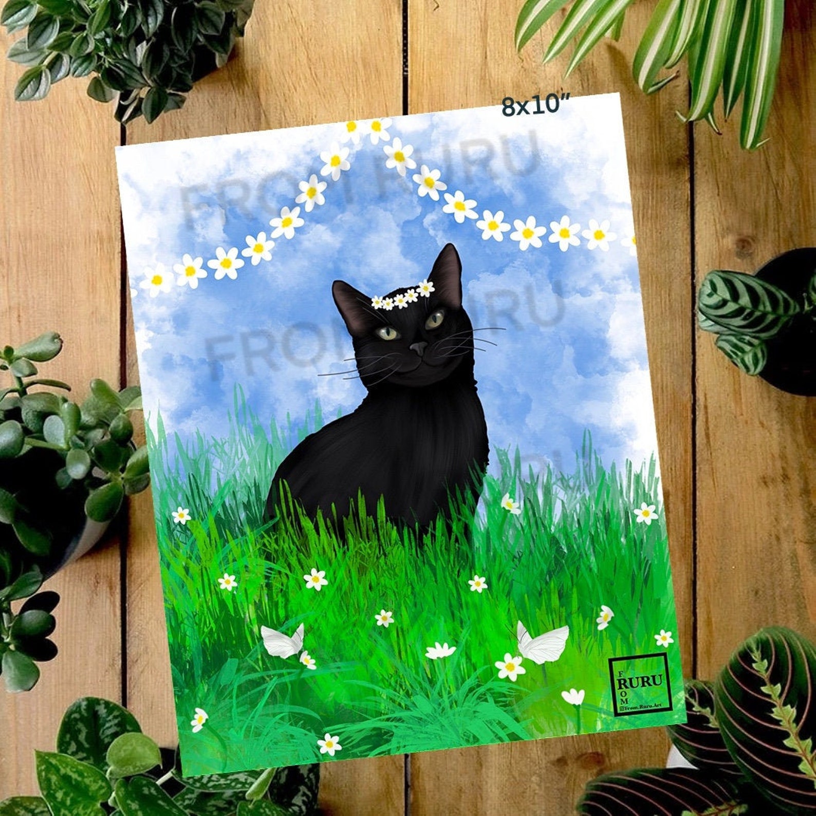 Black Cat in Daisy Field Spring Black Cat Art Print Cat - Etsy