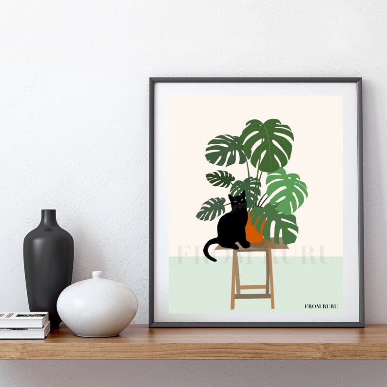 Cat With Monstera Plant Black Cat With House Plants - Etsy