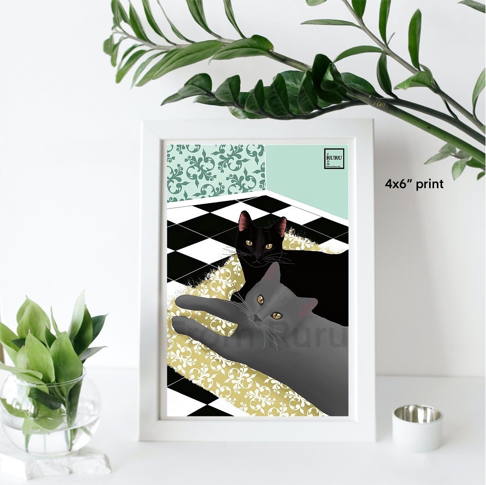 Black and gray cat art gray cat art print black cat art | Etsy