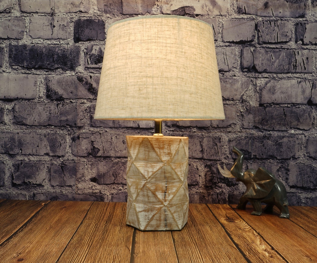 Handmade Wood Table Lamp / Octagonal White Washed Wood Farm House ...