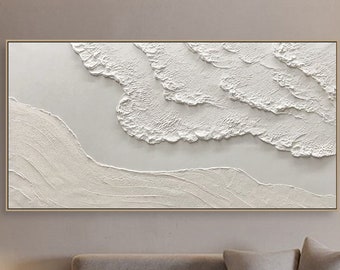 3D White Minimalist Beach Painting Textured Wall Art Ocean Wave Painting on Canvas Wabi-sabi ...