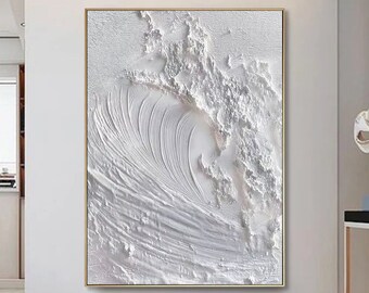 3D White Minimalist Beach Painting Textured Wall Art Ocean Wave Painting on Canvas Wabi-sabi ...