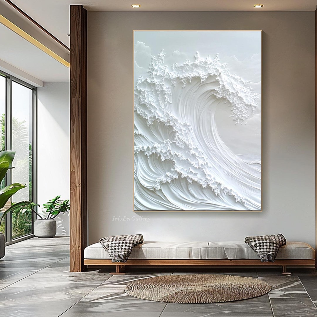 3D White Minimalist Beach Painting Textured Wall Art Ocean Wave Painting on Canvas Wabi-sabi ...