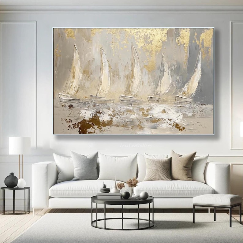 Gold Leaf Sailboats Painting on Canvas 3D Textured White Boat Wall Art ...