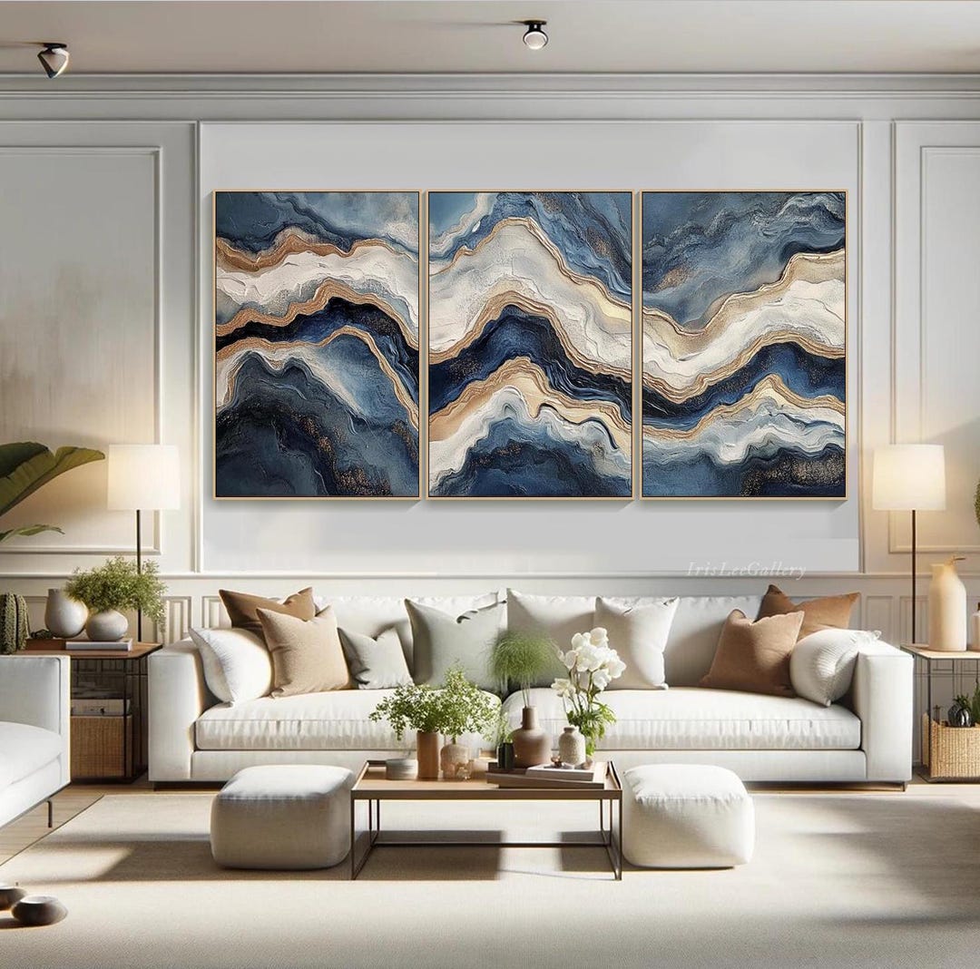 Abstract Blue Gold Geode Oil Painting Large 3 Piece Textured Canvas Art ...