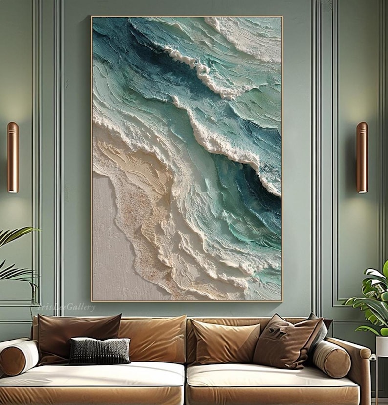Textured Ocean Wave Oil Painting: 3D Impasto Coastal Art, Green Sea ...