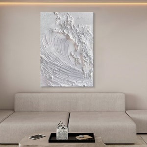 3D White Minimalist Beach Painting Textured Wall Art Ocean Wave Painting on Canvas Wabi-sabi ...