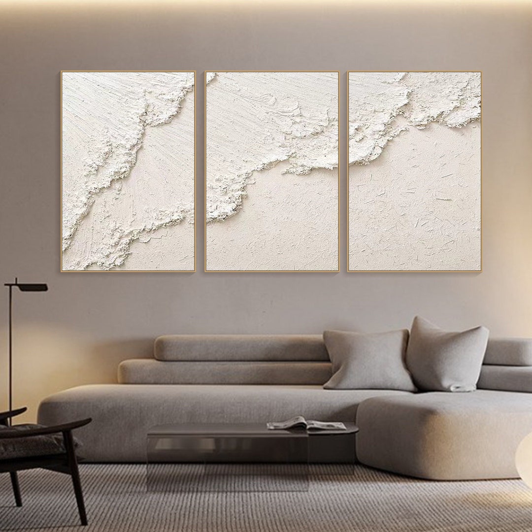 Original 3D White Minimalist Textured Wall Art Triptych Ocean Wave ...