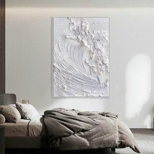 3D White Minimalist Beach Painting Textured Wall Art Ocean Wave Painting on Canvas Wabi-sabi ...