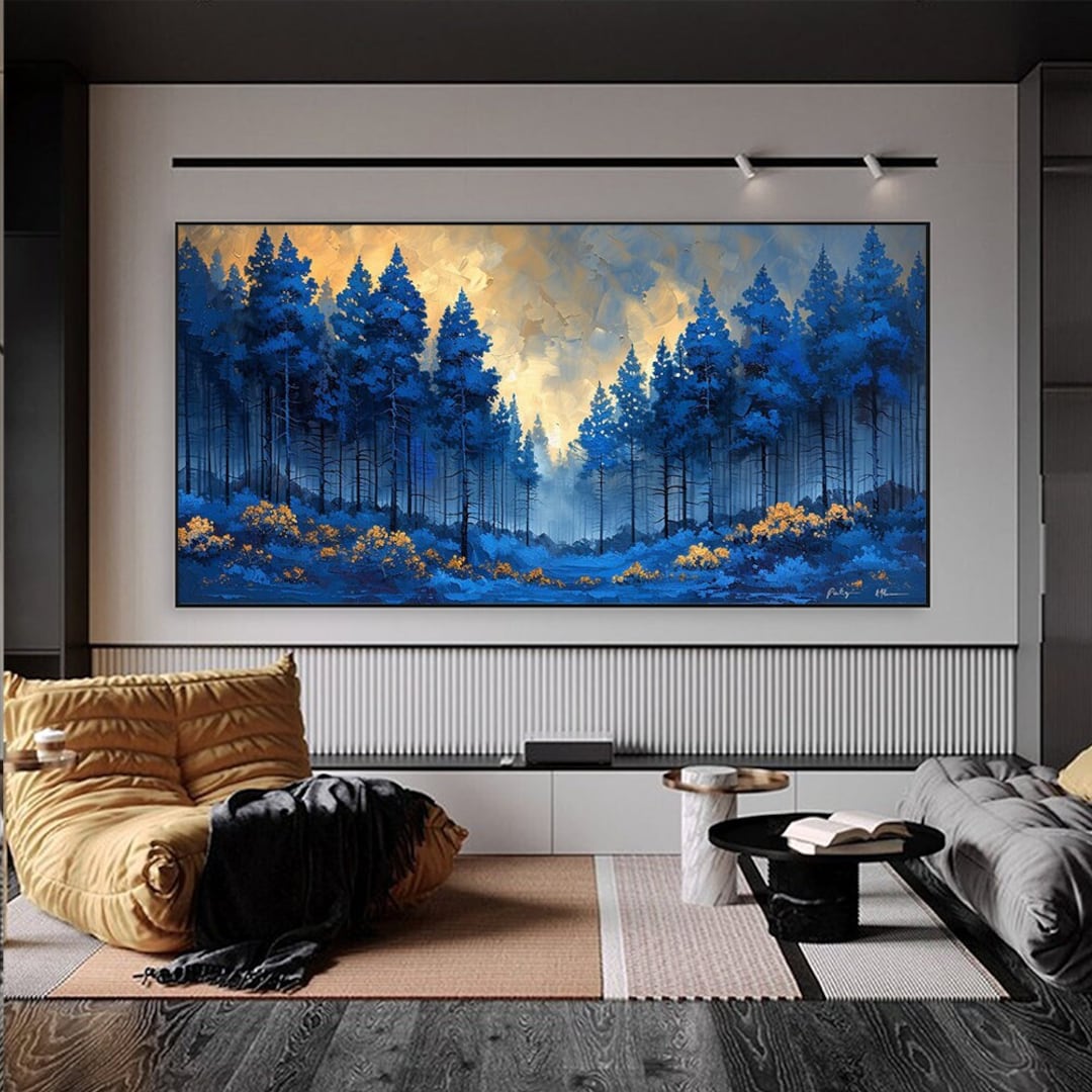 Enchanted Forest Dawn Textured Blue and Gold Landscape Painting on ...