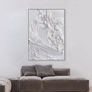 3D White Minimalist Beach Painting Textured Wall Art Ocean Wave Painting on Canvas Wabi-sabi ...