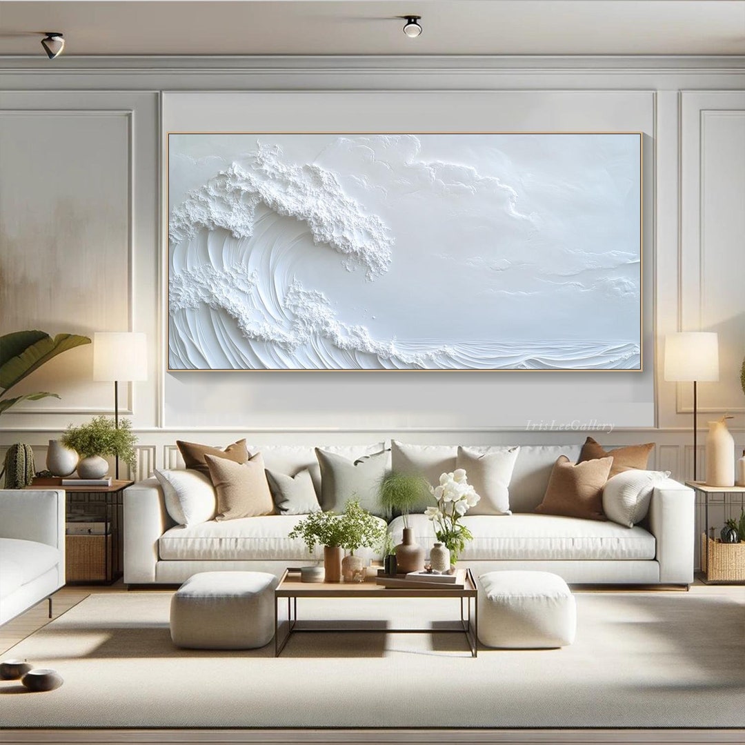 3D White Minimalist Beach Painting Textured Wall Art Ocean Wave Painting on Canvas Wabi-sabi ...