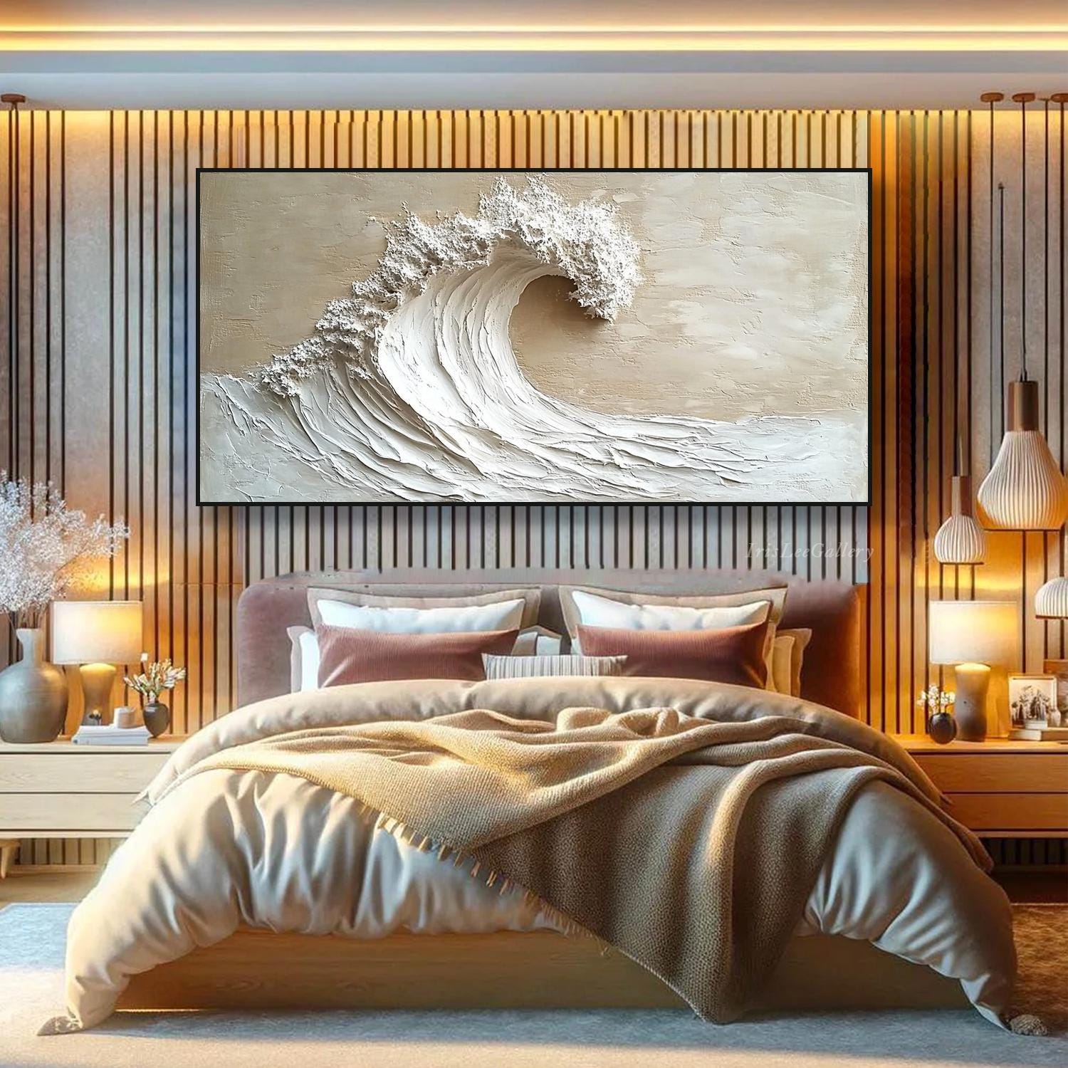 3D Textured Ocean Wave Wall Art Beige Coastal Surf Oil Painting on ...