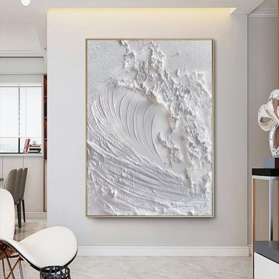 3D White Minimalist Beach Painting Textured Wall Art Ocean Wave Painting on Canvas Wabi-sabi ...