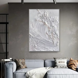 3D White Minimalist Beach Painting Textured Wall Art Ocean Wave Painting on Canvas Wabi-sabi ...