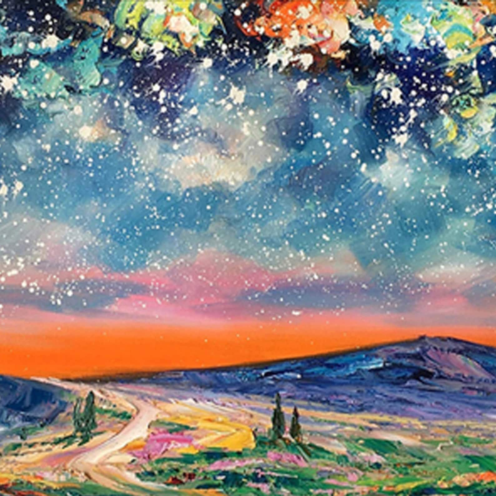 Night Starry Sky Landscape Oil Painting On Canvas Colorful | Etsy