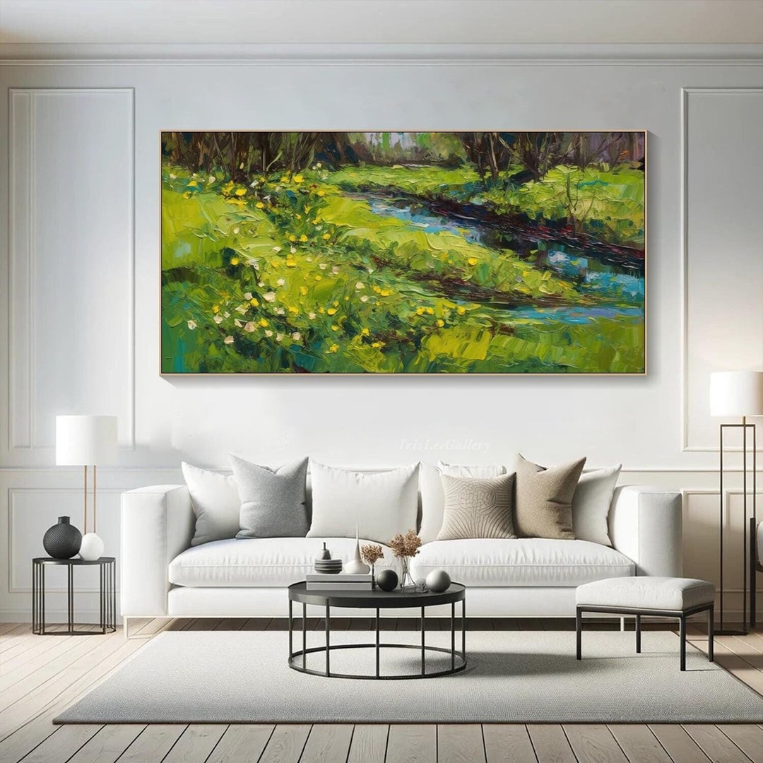 Spring Meadow Painting on Canvas Impasto Texture Wall Art Green ...