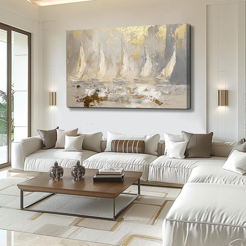 Gold Leaf Sailboats Painting on Canvas 3D Textured White Boat Wall Art ...