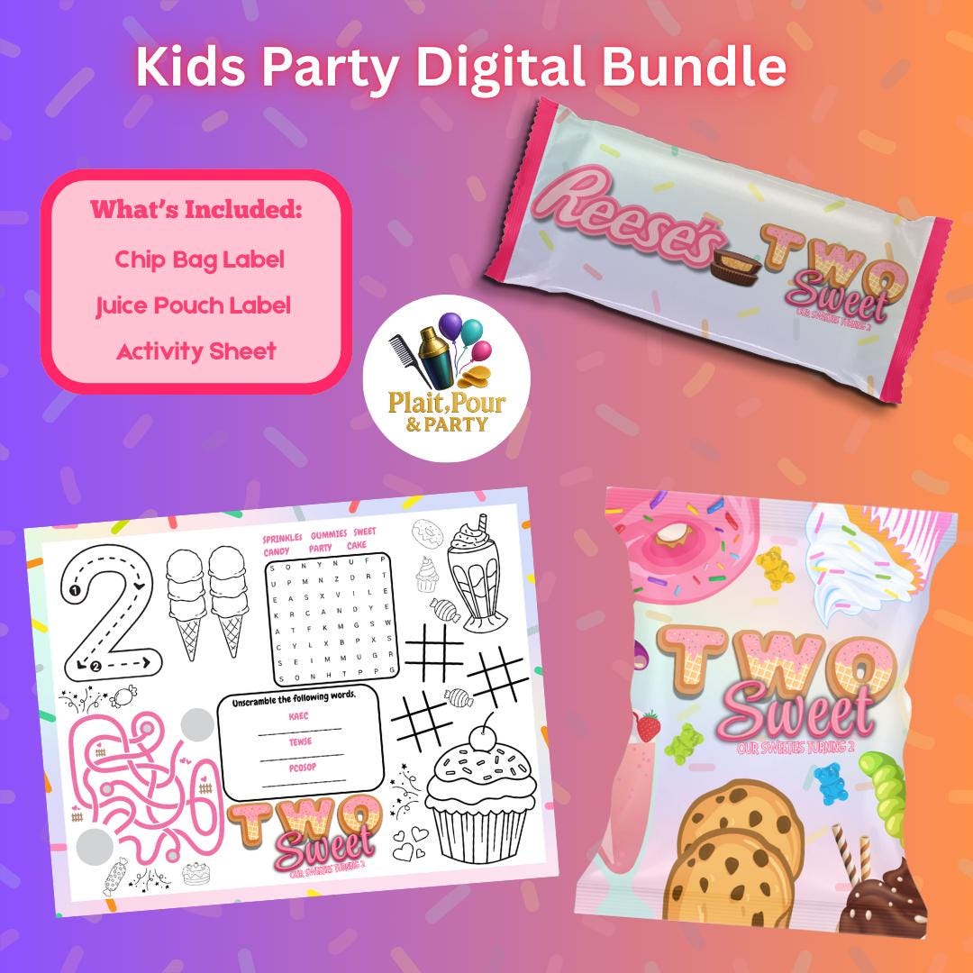 Two Sweet Birthday Template Bundle: Chip Bag, Candy Bar and Activity ...