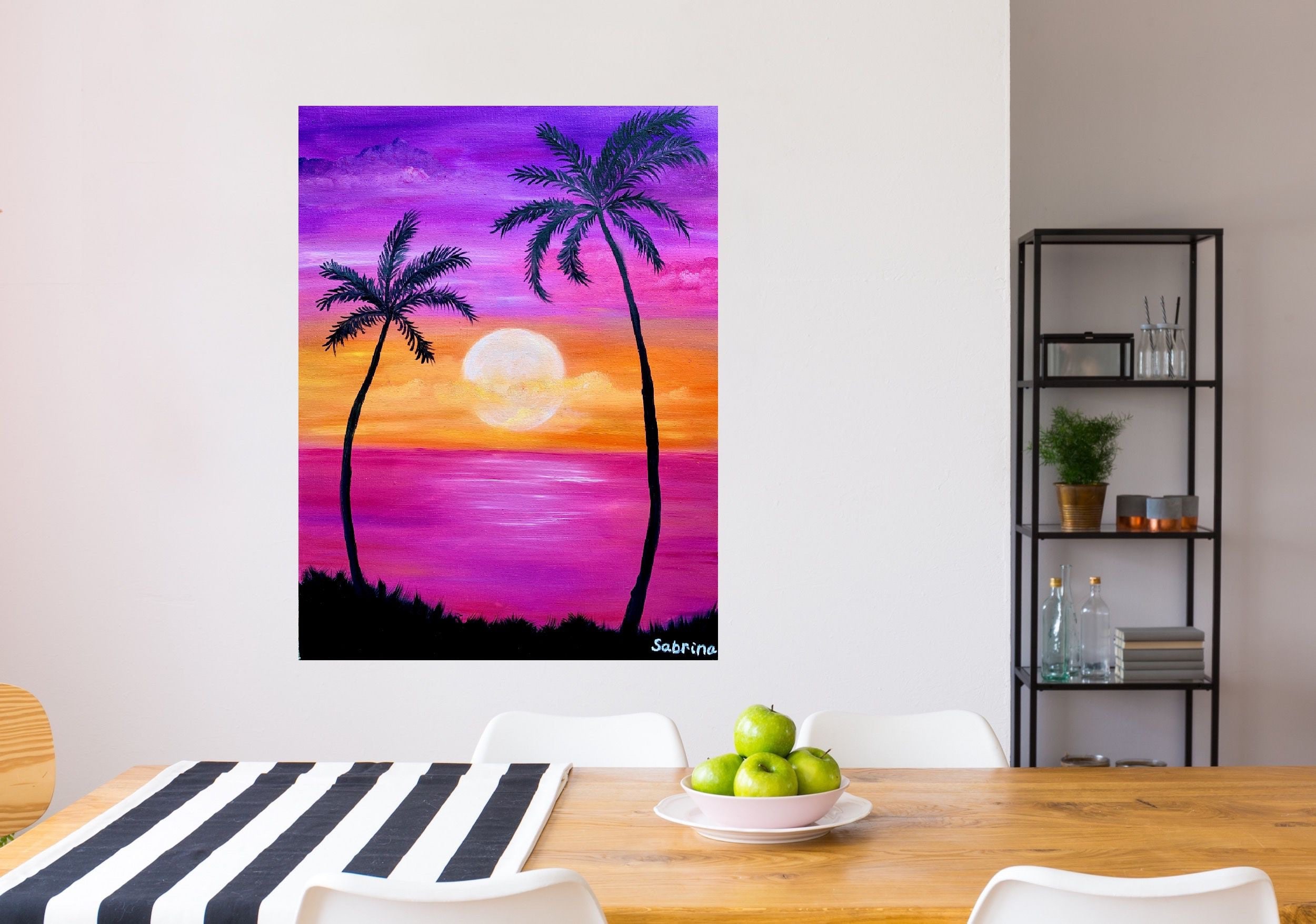 Pink Purple Sunset With Palm Trees Oil Painting on Canvas, Ocean ...
