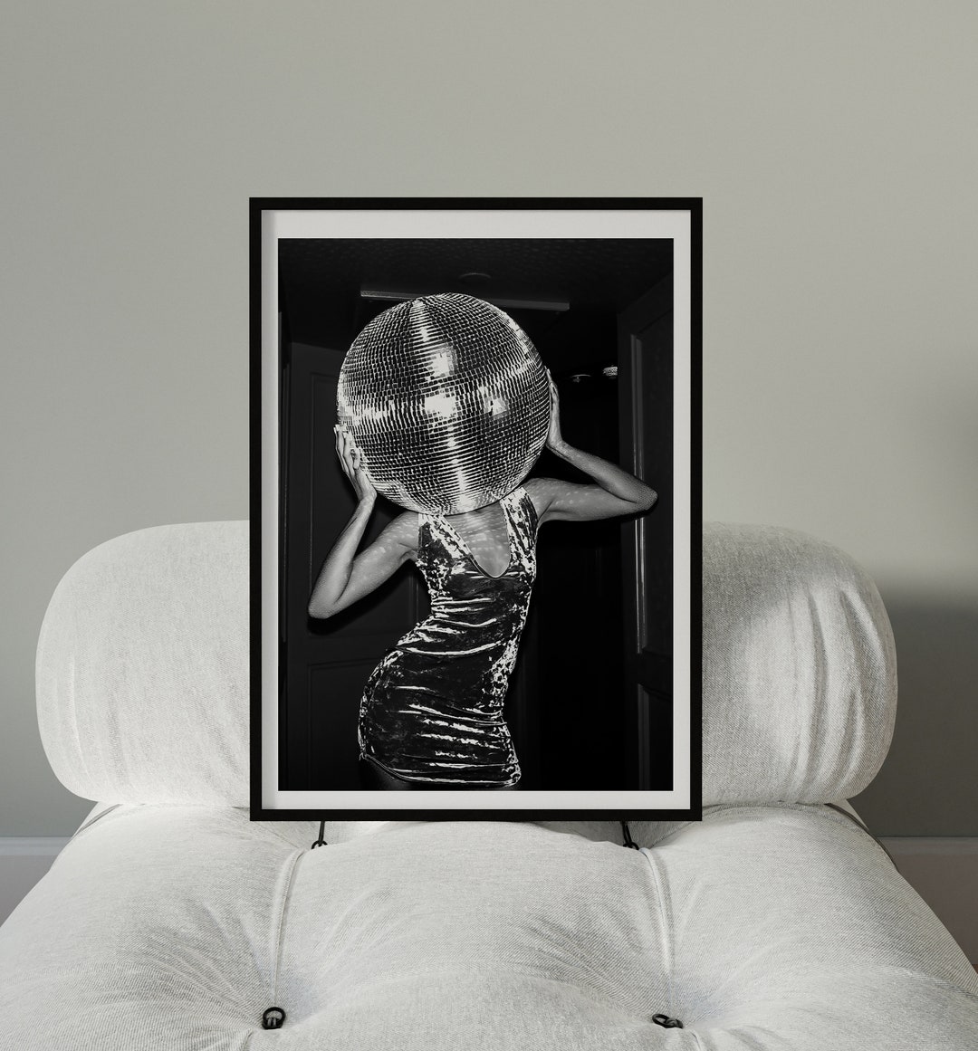 Female Disco Ball Head Poster, Funky Disco 70s Print, Black White Wall ...