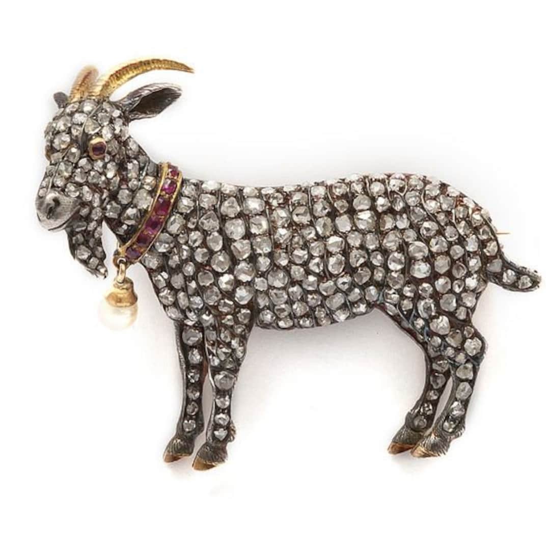 Handmade Antique Goat Brooch Natural Rose Cut Diamond & Ruby 925 ...