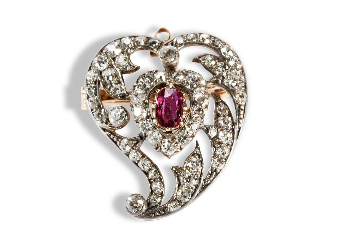 Beautiful Ruby & Mozonite Diamond Brooch Crafted in 925 Sterling Silver ...
