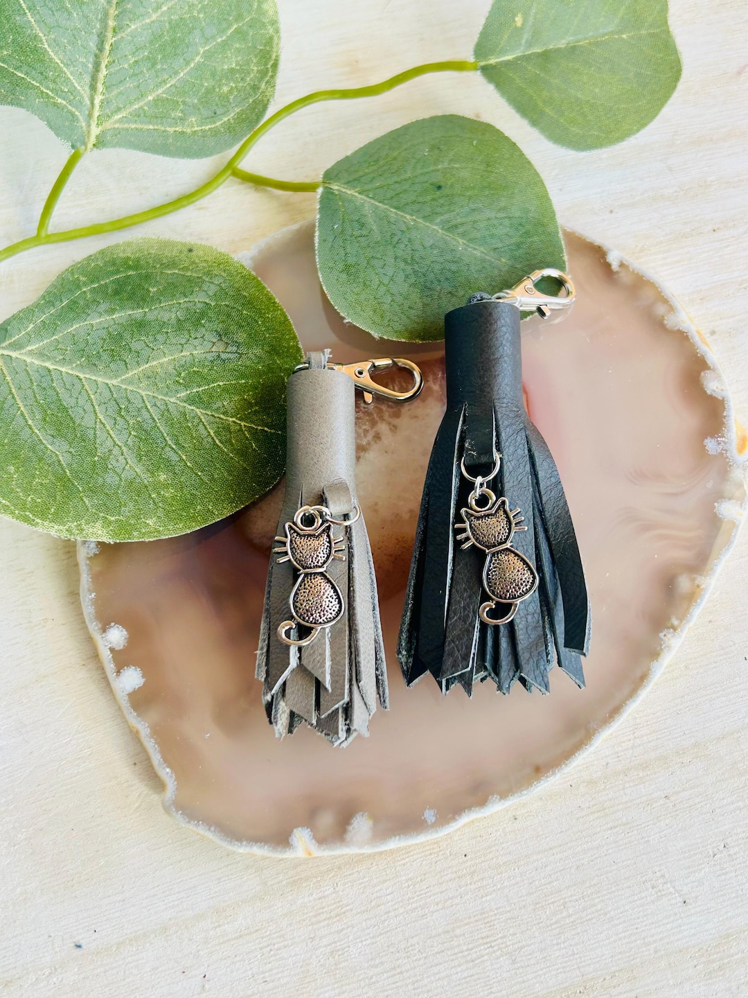 Handmade Genuine Leather Tassel Cat Charm Keychain, Gray and Black Boho ...