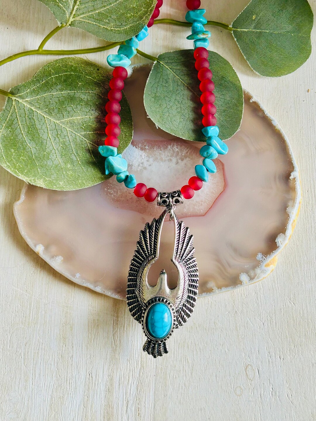 Red and Turquoise Chip Bead Thunderbird Pendant Necklace, Womens Boho ...