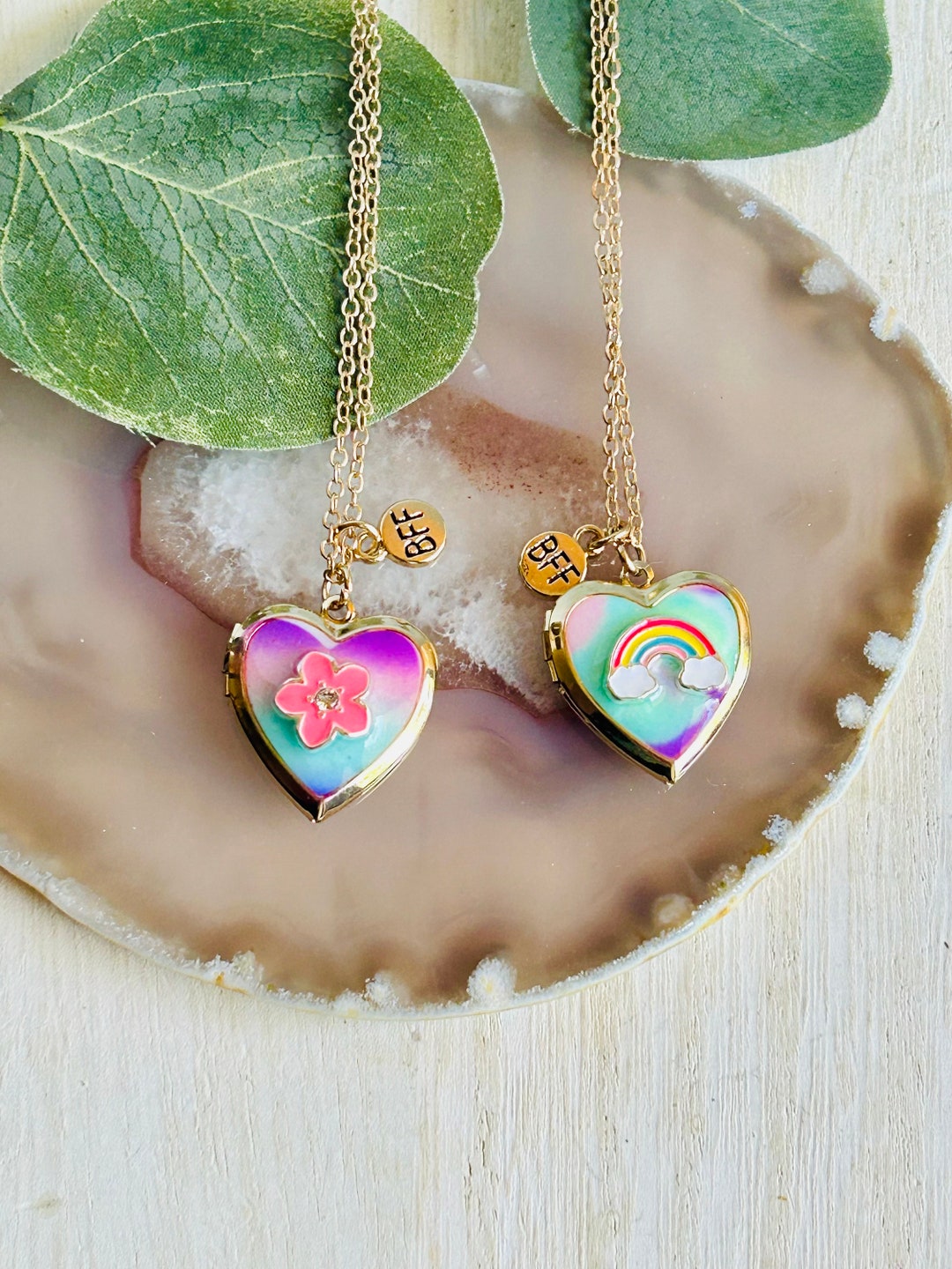 Enamel Flower and Rainbow Heart Locket Necklace, Kids Simple Floral BFF ...