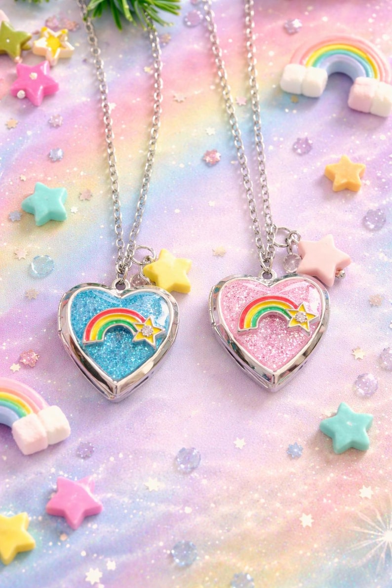 Rainbow Heart Locket Necklace, Glitter Star Charm Necklace, Kids ...