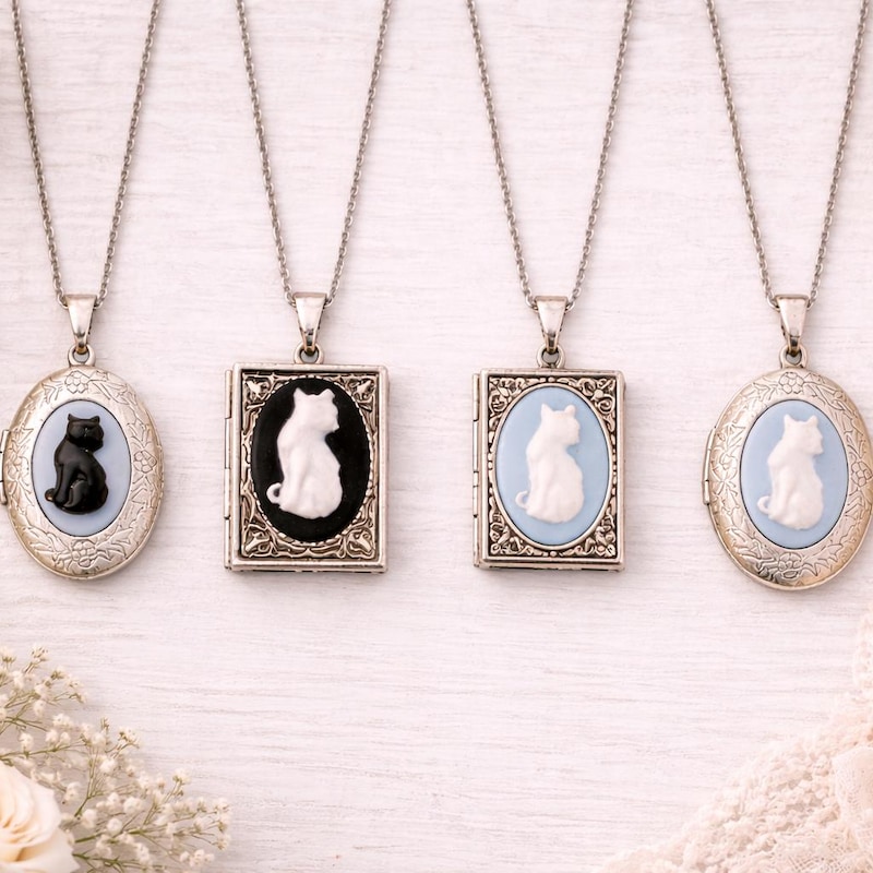 Cat Cameo Locket Necklace - Etsy