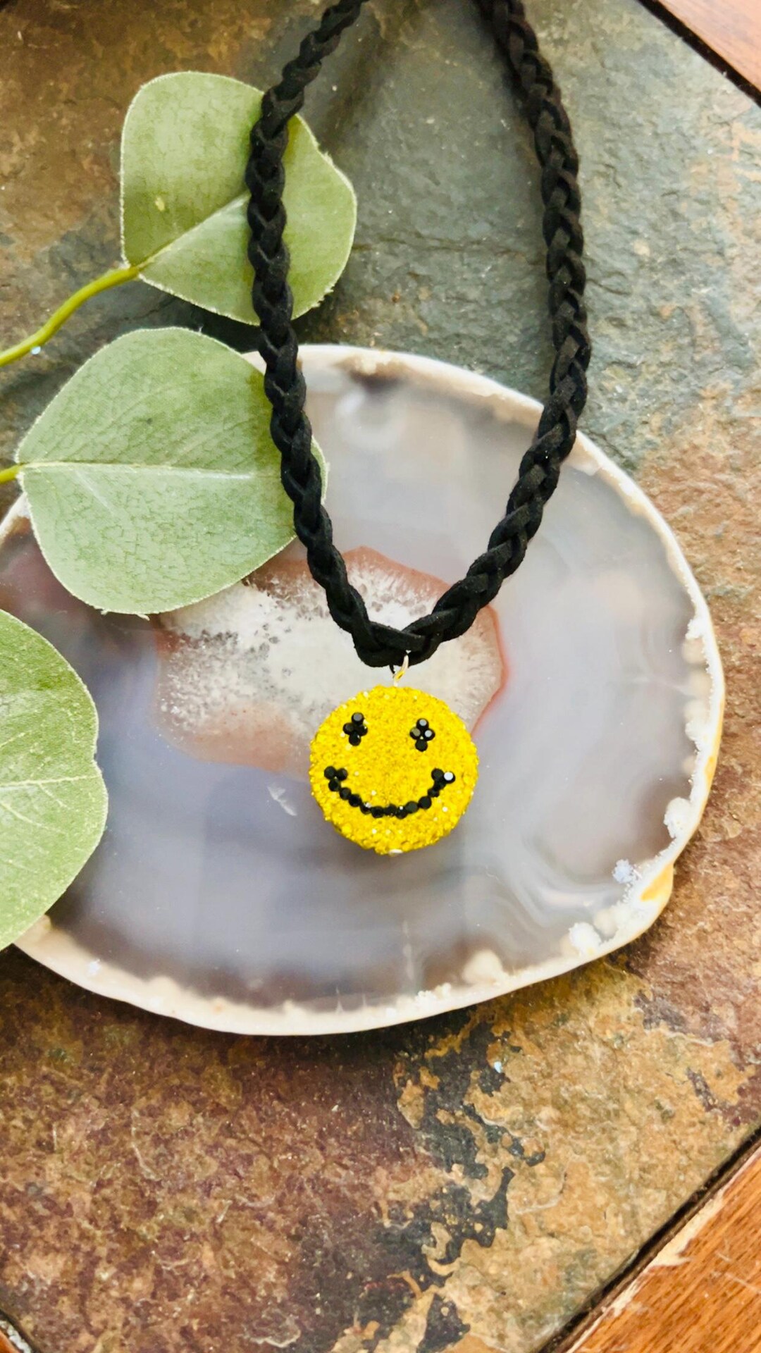 Black Braided Faux Leather Rhinestone Smiley Face Choker: Adjustable ...