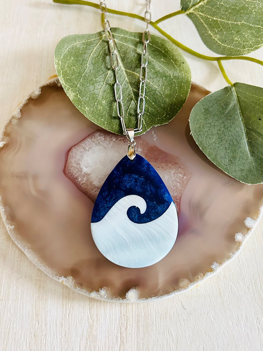 Teardrop Wave Pendant Necklace: Blue and White Silver Necklace - Etsy