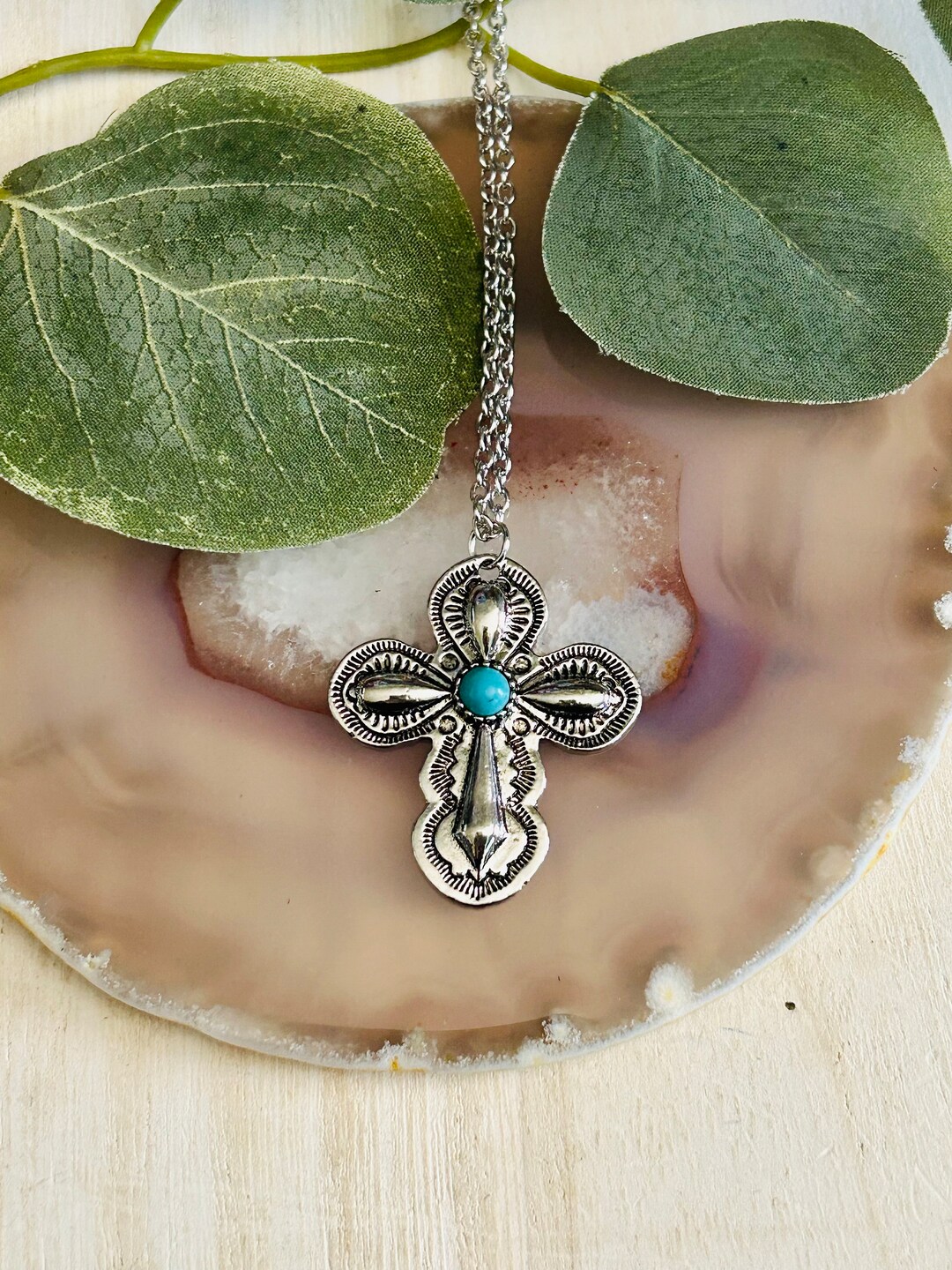Rounded Silver and Turquoise Cross Necklace, Women’s Southwestern ...