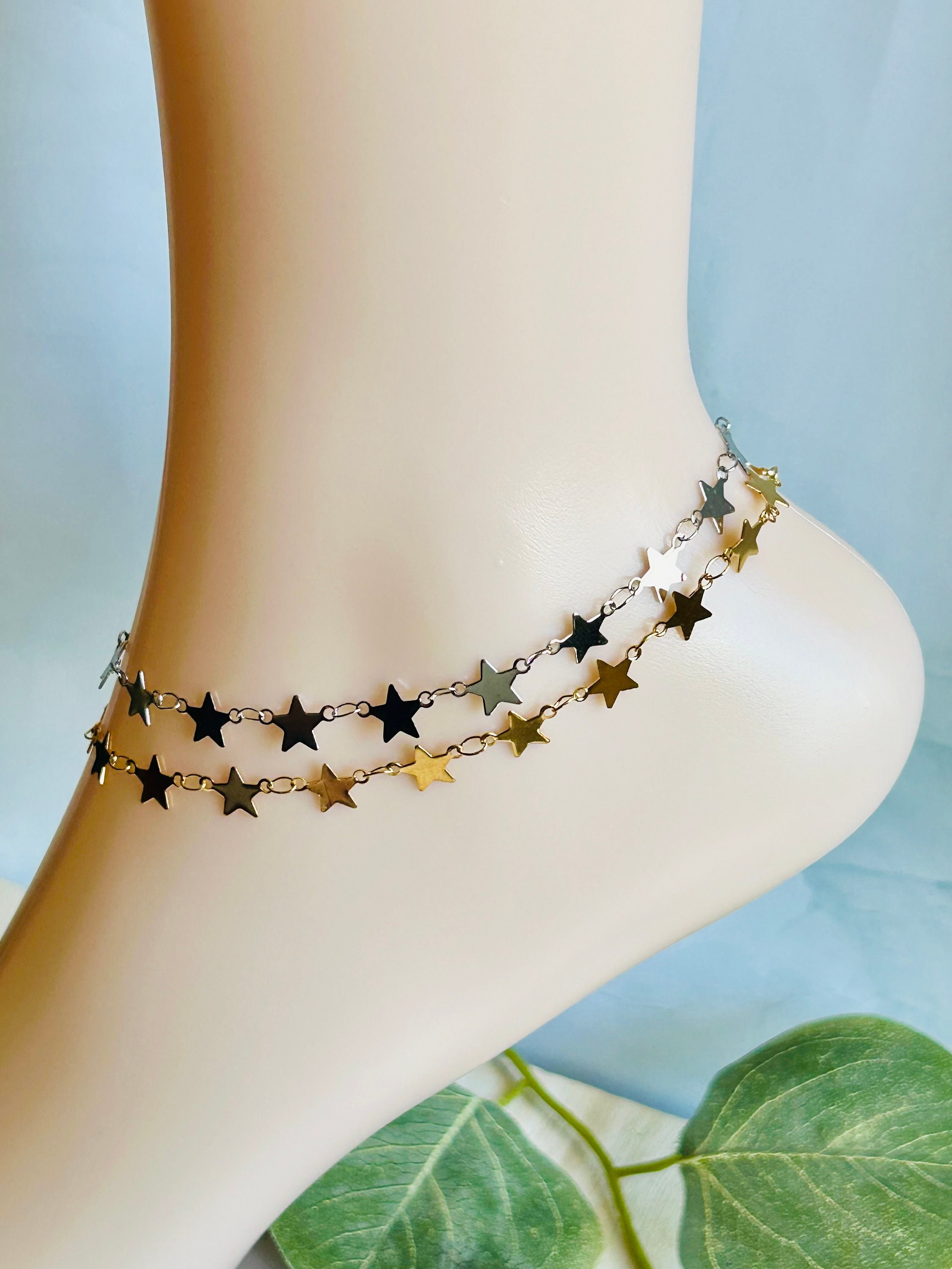 Womens Gold and Silver Star Chain Anklet Womens Celestial Anklet Etsy