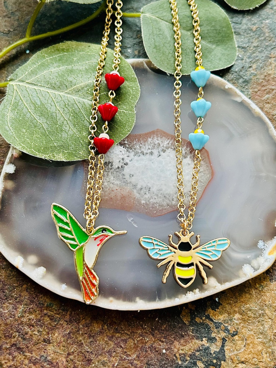 Bee Hummingbird Flower Necklace, Women’s Insect Animal Bird Flower ...