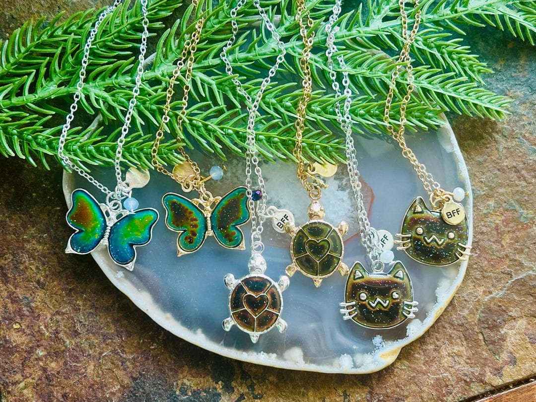 Mood Changing Animal BFF Necklace Set: Cat, Turtle & Butterfly Charms ...