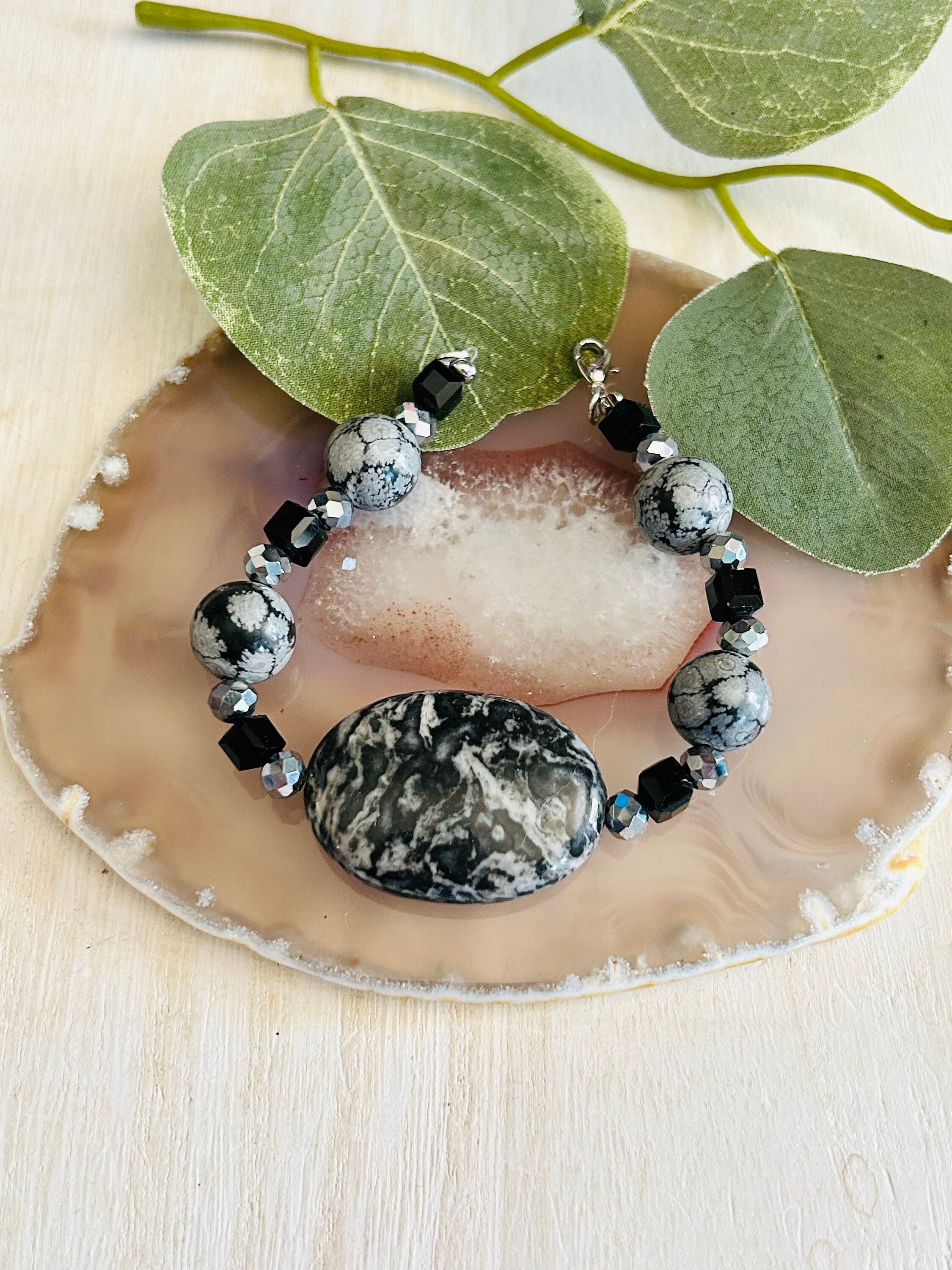 Stone Black and Gray Bracelet , Womens Silver Bracelet - Etsy