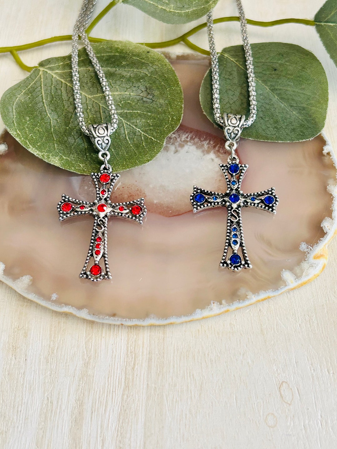 Red and Blue Rhinestone Cross Necklace, Women’s Silver Religious ...