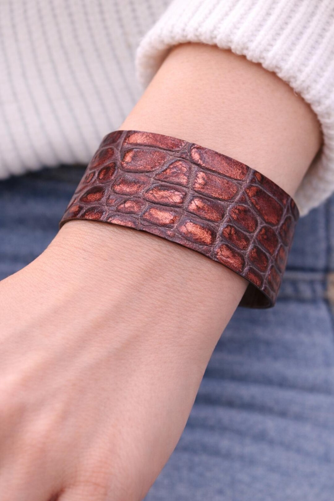 Copper Croc Embossed Leather Cuff Bracelet | Metallic Crocodile Texture ...