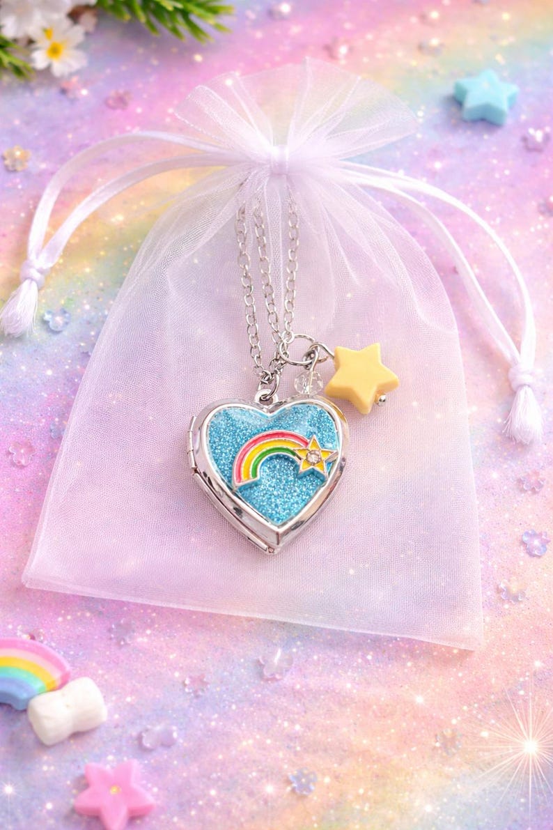Rainbow Heart Locket Necklace, Glitter Star Charm Necklace, Kids ...