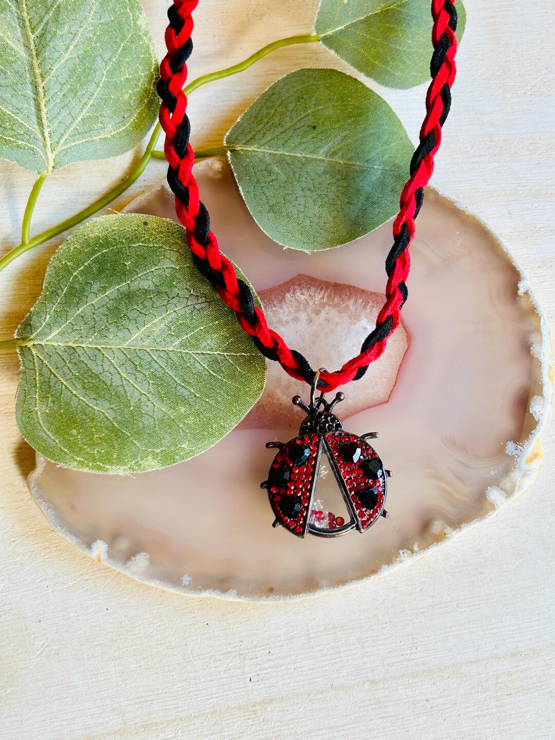 Red and Black Faux Leather Braided Ladybug Shaker Pendant Necklace ...
