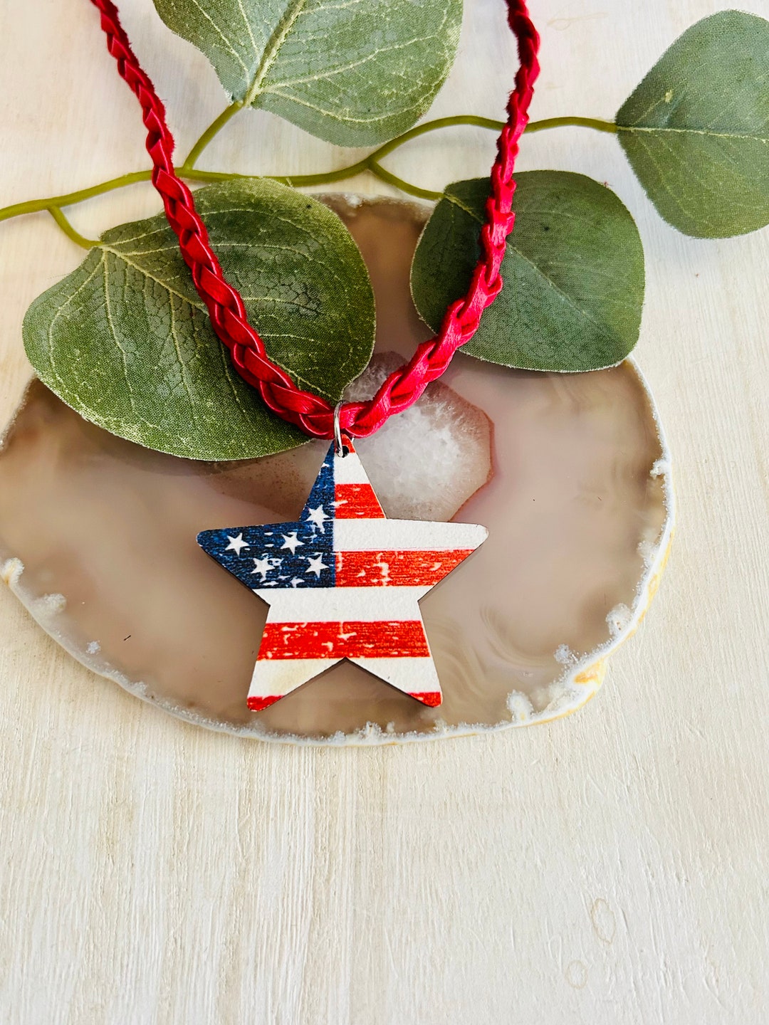 Red Braided Leather Flag Star Pendant Necklace, Womens American Flag ...