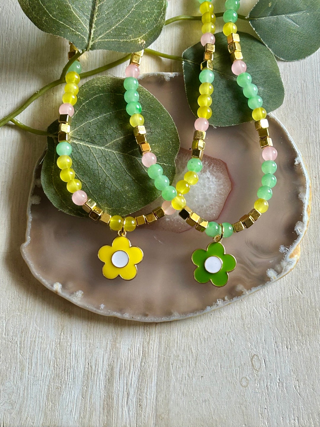 Beaded Green Pink Yellow Flower Charm Necklace, Kids Boho Hippie Floral ...