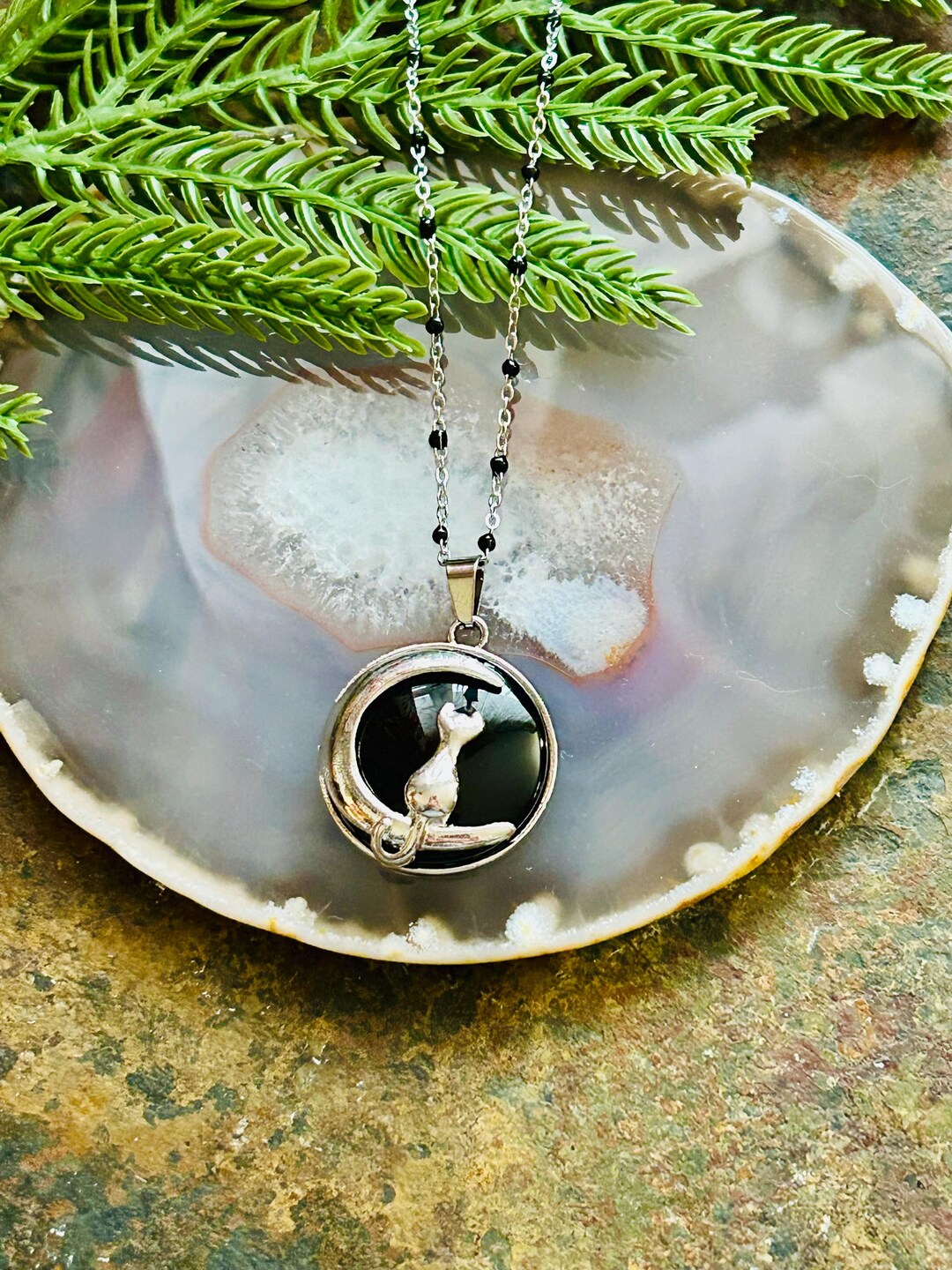Black Cat Moon Necklace, Cat Lover Gift, Silver Cat Pendant Necklace ...