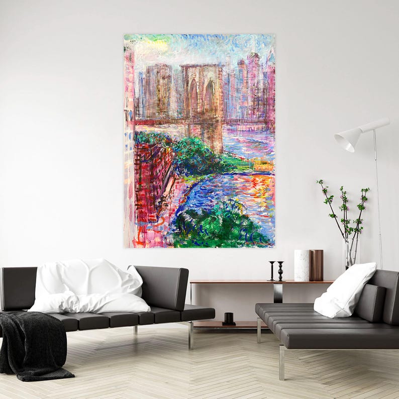 Large Brooklyn Bridge Oil Painting: Impressionist New York Cityscape ...