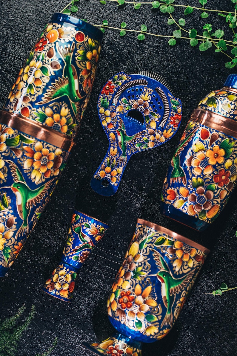 Mexican Hand Painted Bar Set – Colibrí Azul Design – Full Cocktail Kit ...