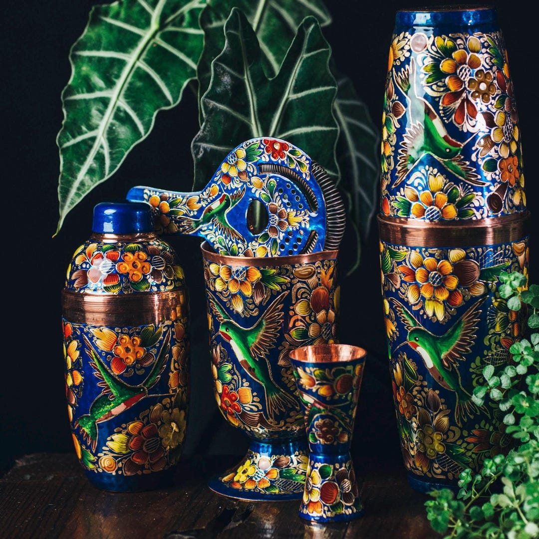 Mexican Hand Painted Bar Set – Colibrí Azul Design – Full Cocktail Kit ...